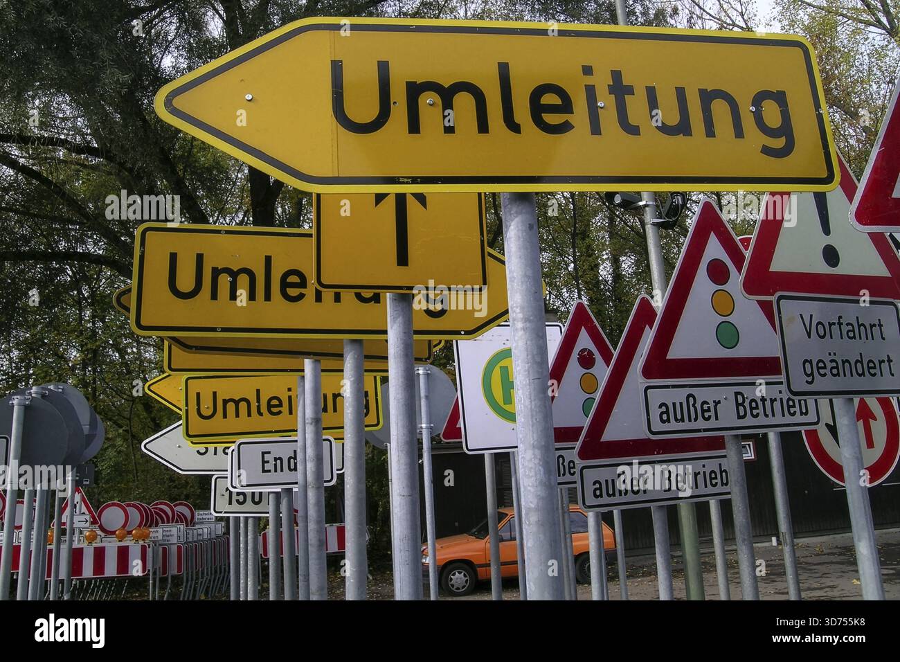 Traffic signs on a building yard in Bavaria, Germany Stock Photo - Alamy