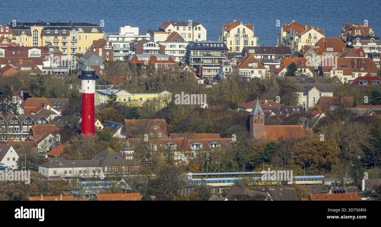 Aerial view, red and white old lighthouse and island museum in the ...