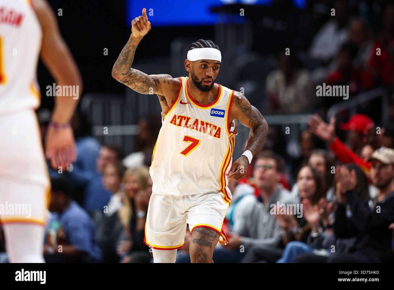 Atlanta Hawks guard Nickeil Alexander-Walker (7) reacts after a three ...
