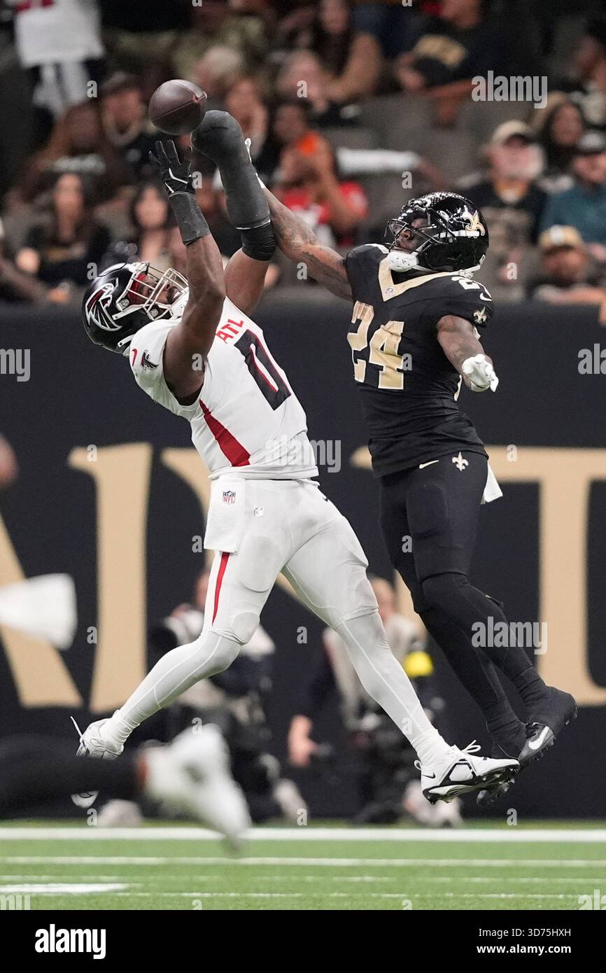 Atlanta Falcons linebacker Divine Deablo (0) breaks up a pass intended ...