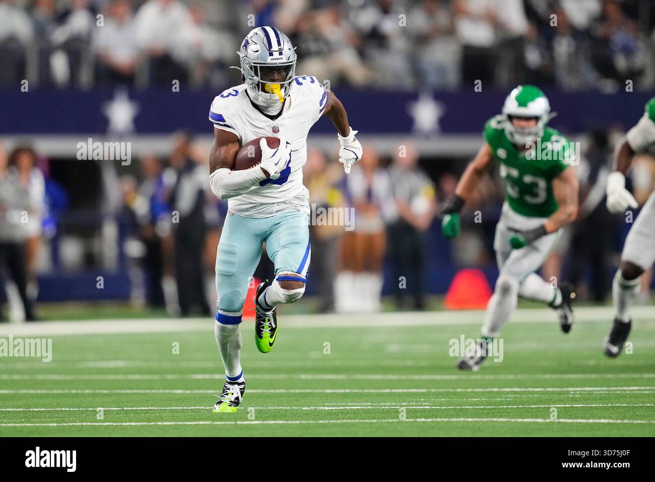 Dallas Cowboys wide receiver George Pickens (3) runs after a catch ...