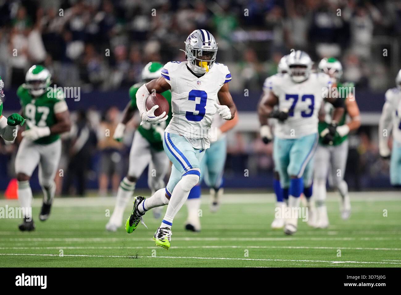 Dallas Cowboys wide receiver George Pickens (3) runs after a catch ...