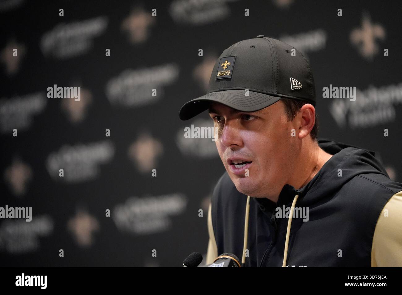 New Orleans Saints head coach Kellen Moore talks during a news ...
