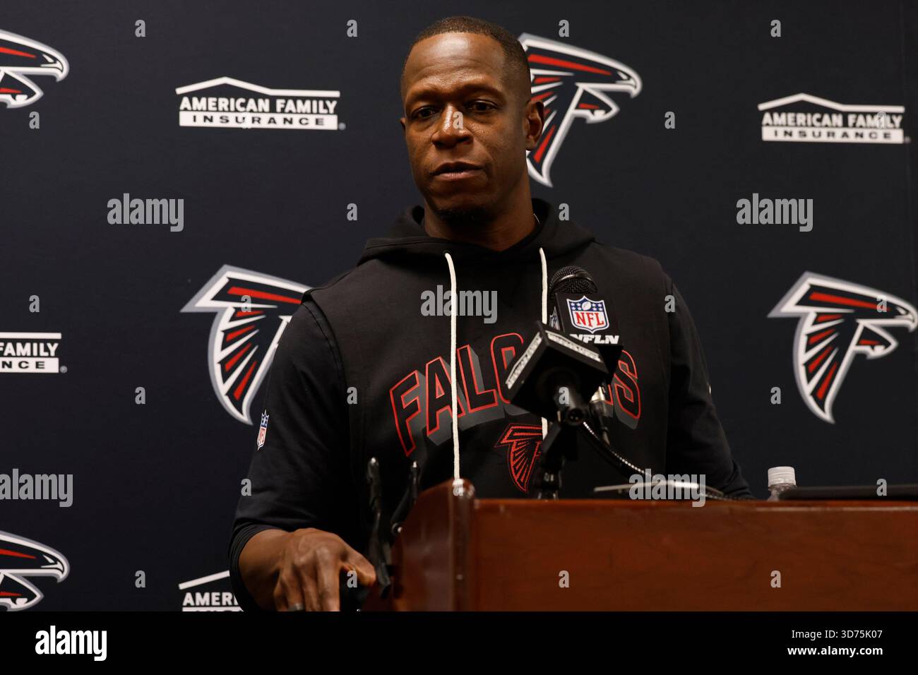 Atlanta Falcons head coach Raheem Morris talks during a news conference ...