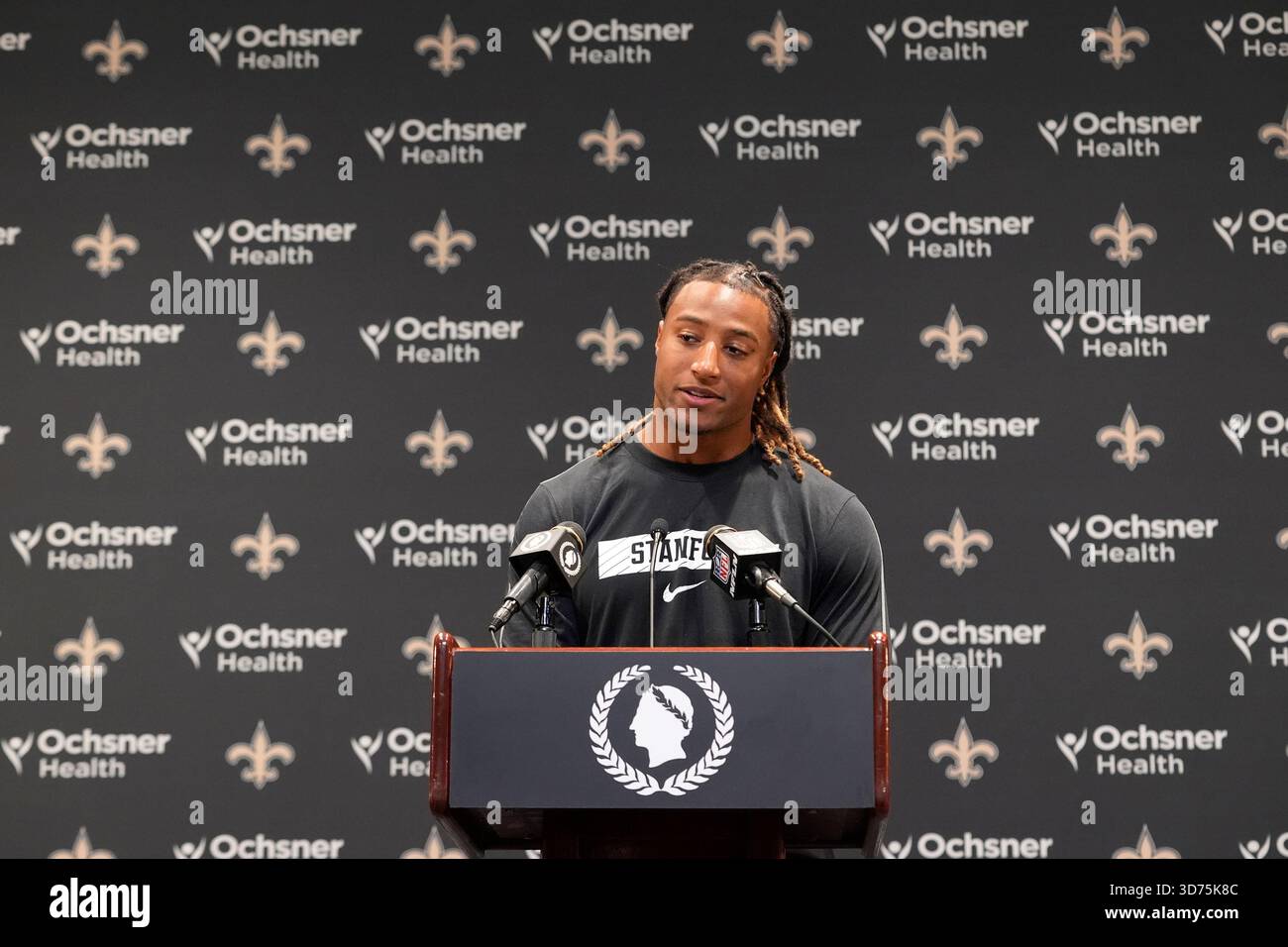 New Orleans Saints safety Justin Reid talks during a press conference ...