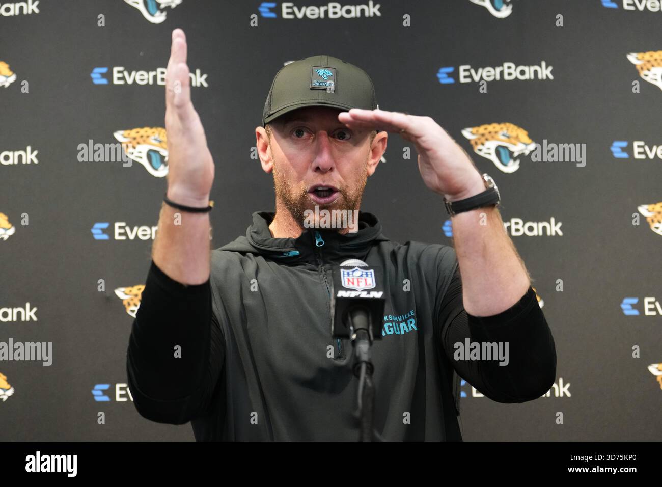 Jacksonville Jaguars head coach Liam Coen speaks during a press ...