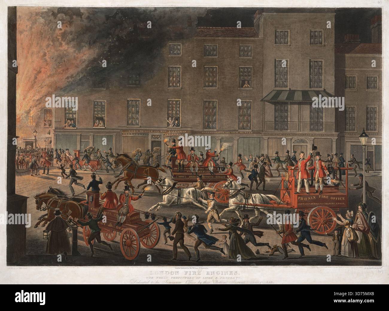 A print coloured aquatint of a view of the London Fire Engines Artist ...
