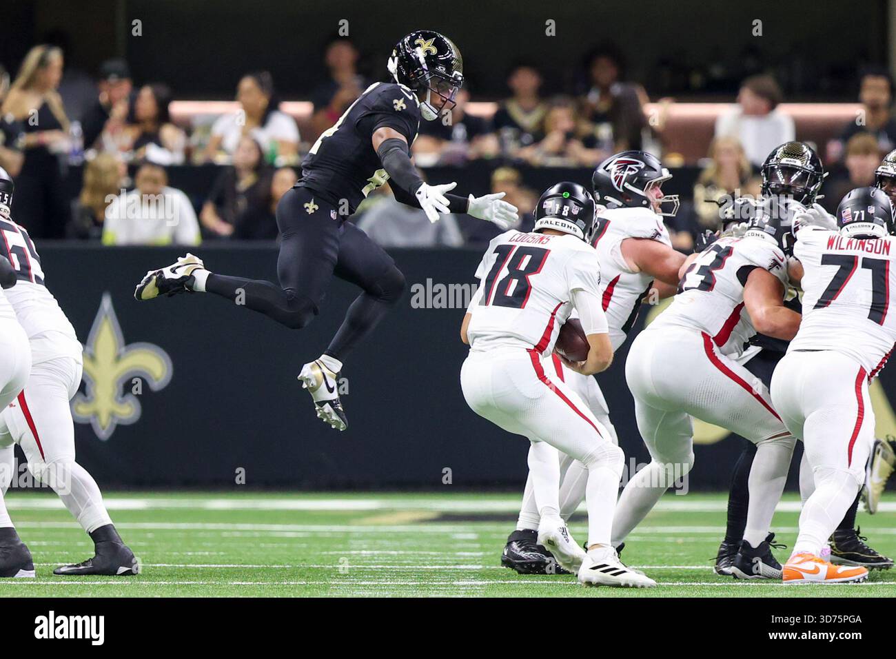 New Orleans Saints linebacker Isaiah Stalbird (44) leaps after Atlanta ...