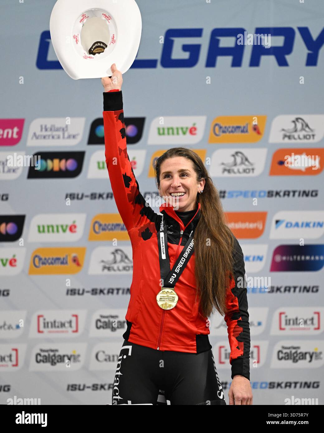 Ivanie BLONDIN of Canada, gold, celebrates during an award ceremony for ...