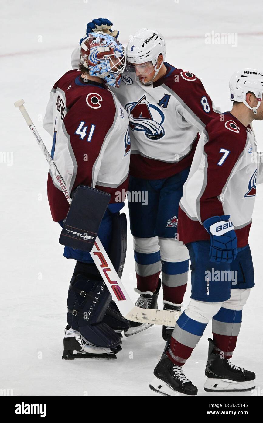 Colorado Avalanche goalie Scott Wedgewood (41) celebrates with teammate ...