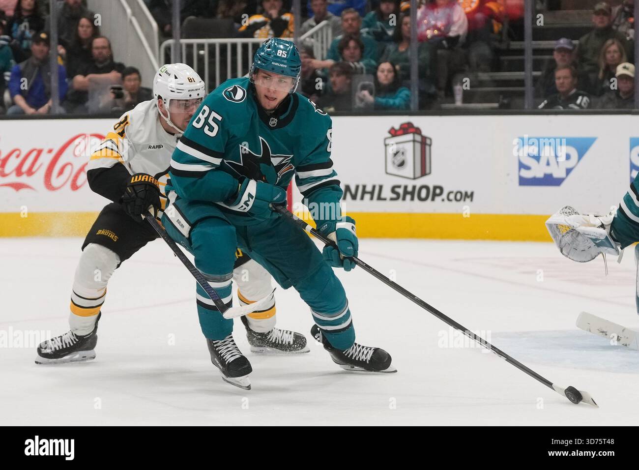 San Jose Sharks defenseman Shakir Mukhamadullin (85) passes the puck in front of Boston Bruins ...