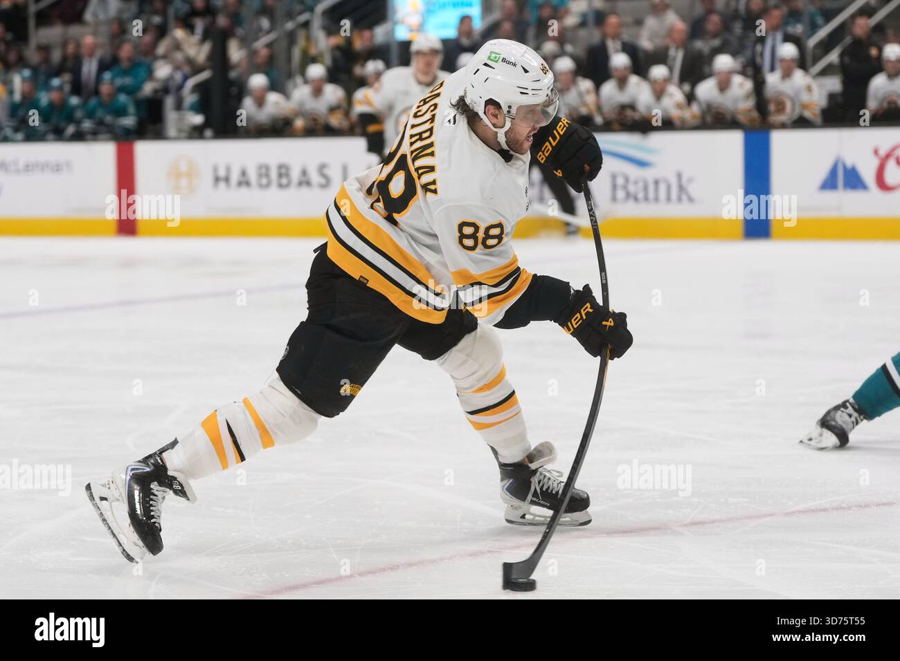 Boston Bruins right wing David Pastrnak (88) shoots the puck against the San Jose Sharks during ...