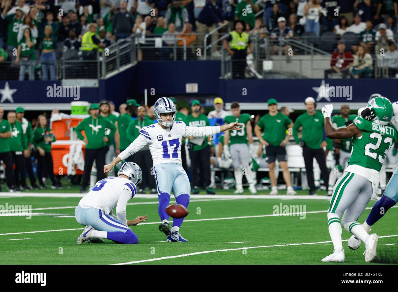 Dallas Cowboys kicker Brandon Aubrey (17) kicks a game winning field ...