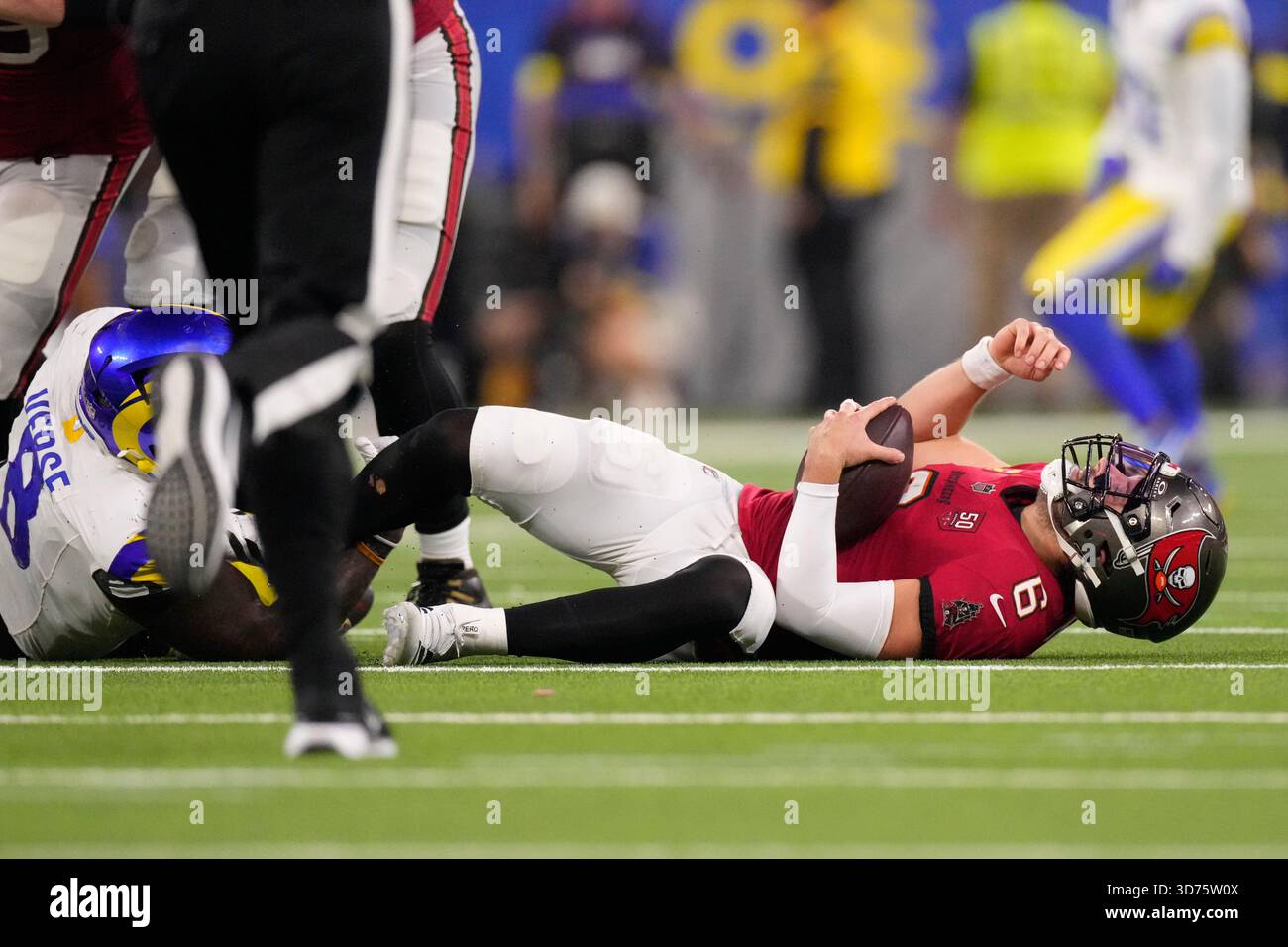 Tampa Bay Buccaneers quarterback Baker Mayfield (6) reacts after a tackle by Los Angeles Rams ...