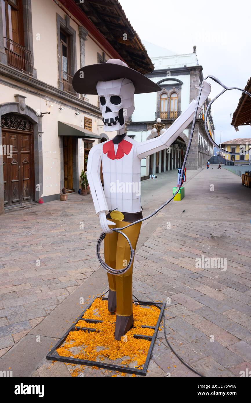 A skeleton dressed as a cowboy is holding a rope. The skeleton is ...