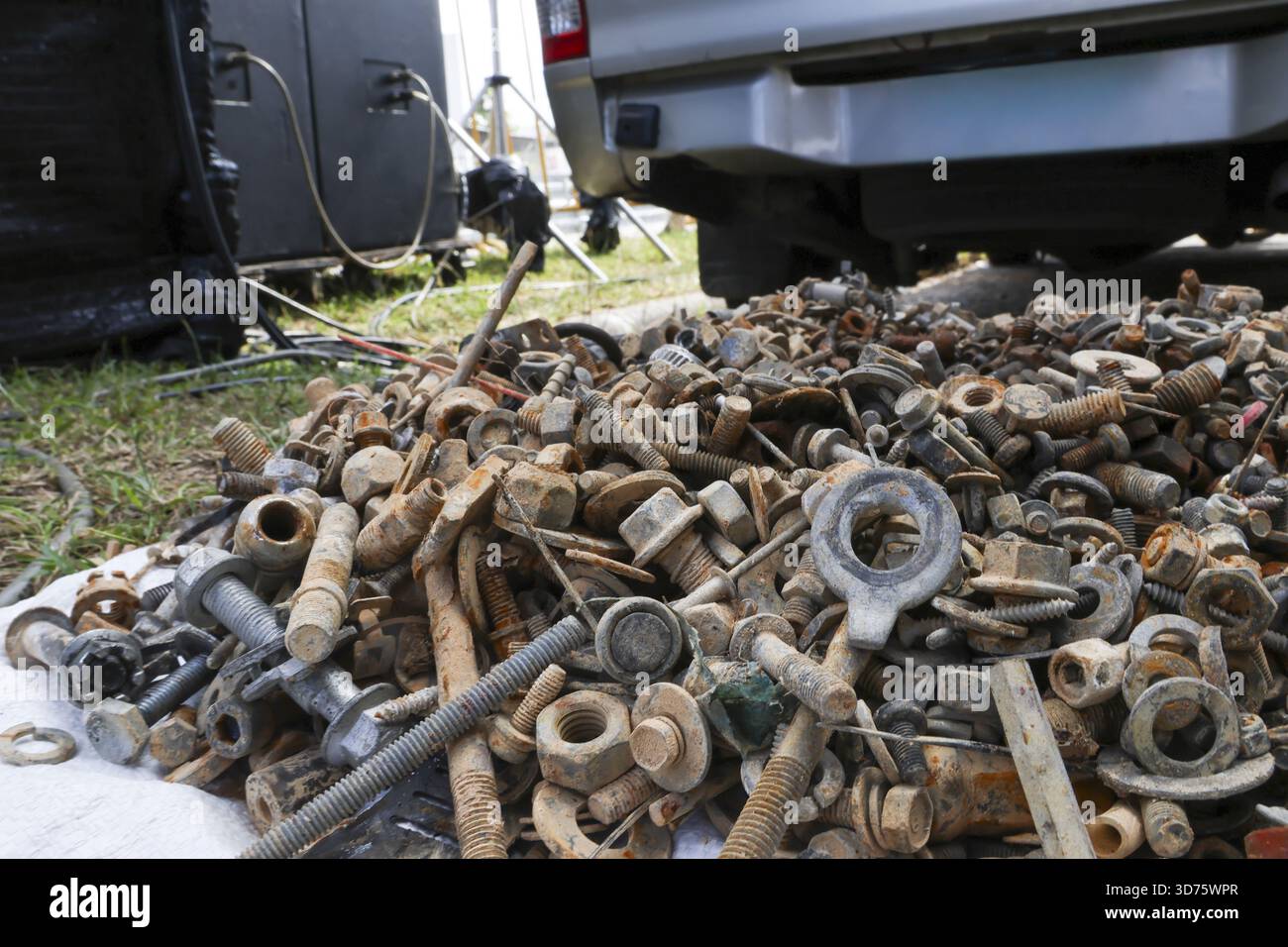 Chaotic pile of old, rusty scrap metal hardware. Large, dirty ...