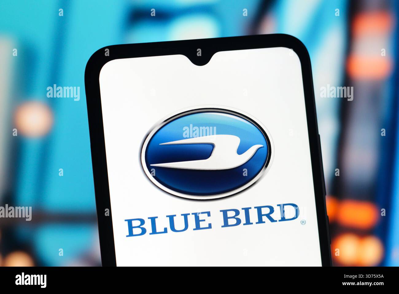 In this photo illustration, the Blue Bird Corporation logo is seen ...