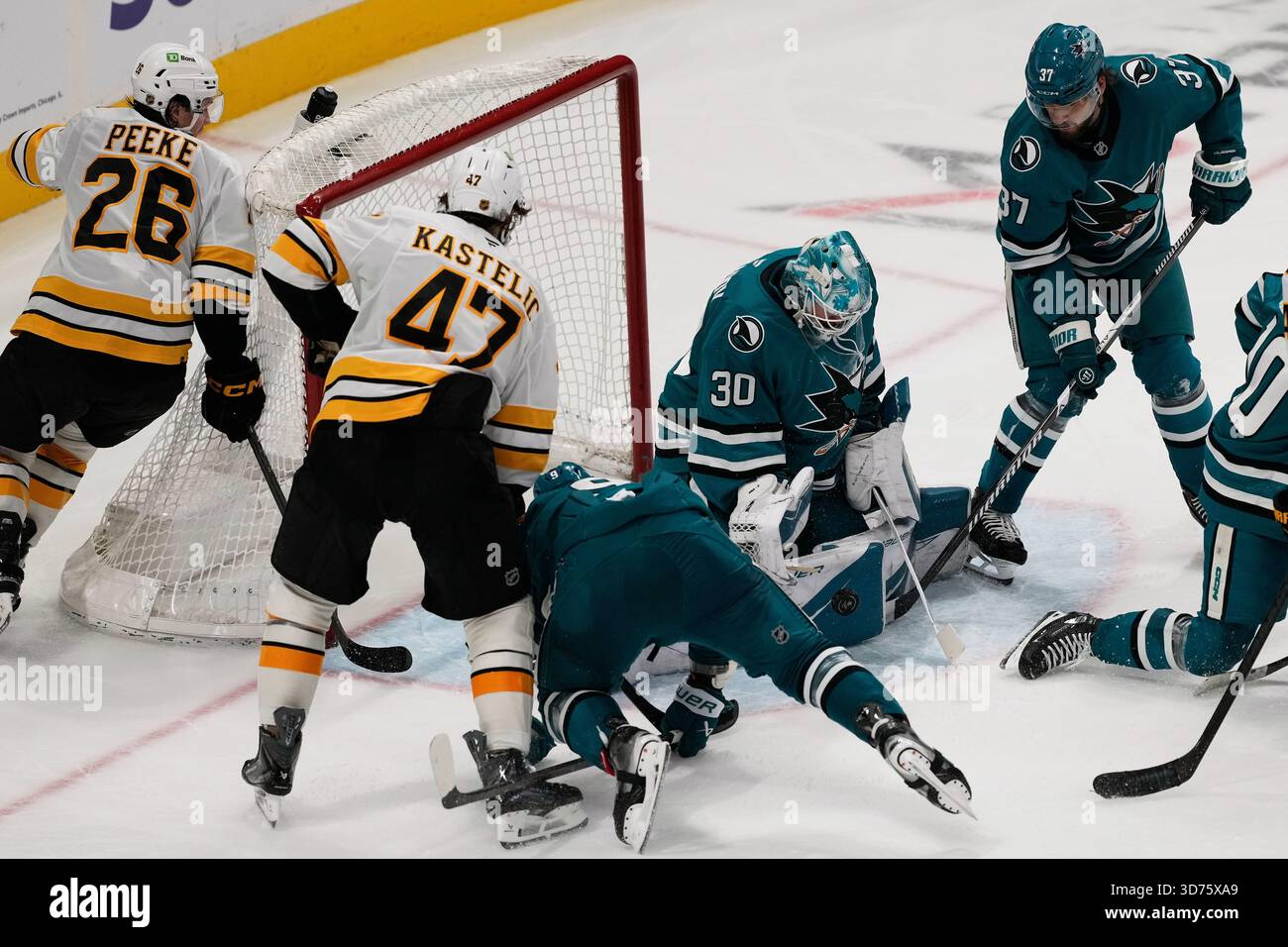 San Jose Sharks goaltender Yaroslav Askarov (30) stops the puck during the third period of an ...