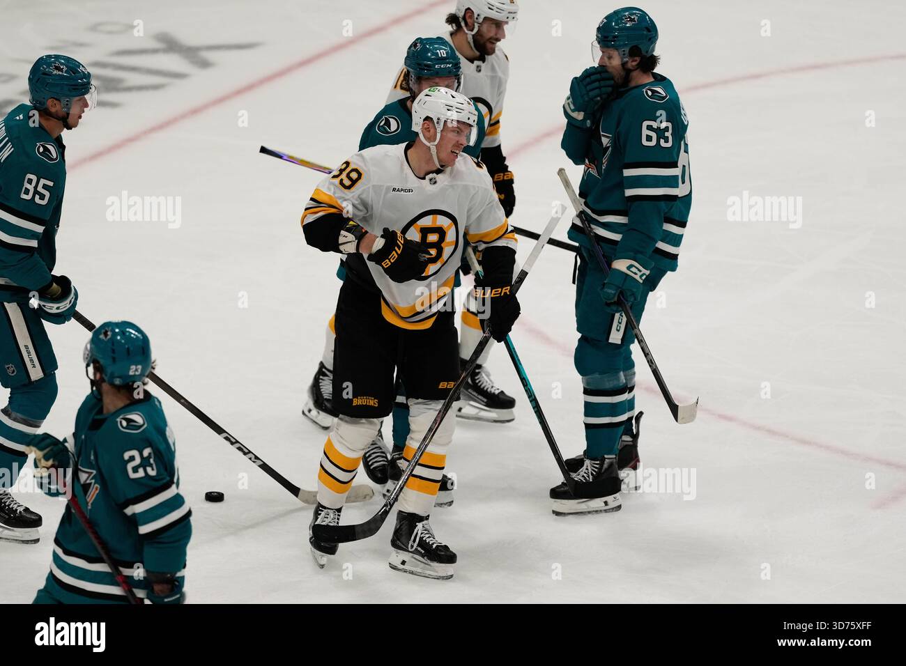 Boston Bruins center Morgan Geekie (39) reacts after scoring a goal against the San Jose Sharks ...