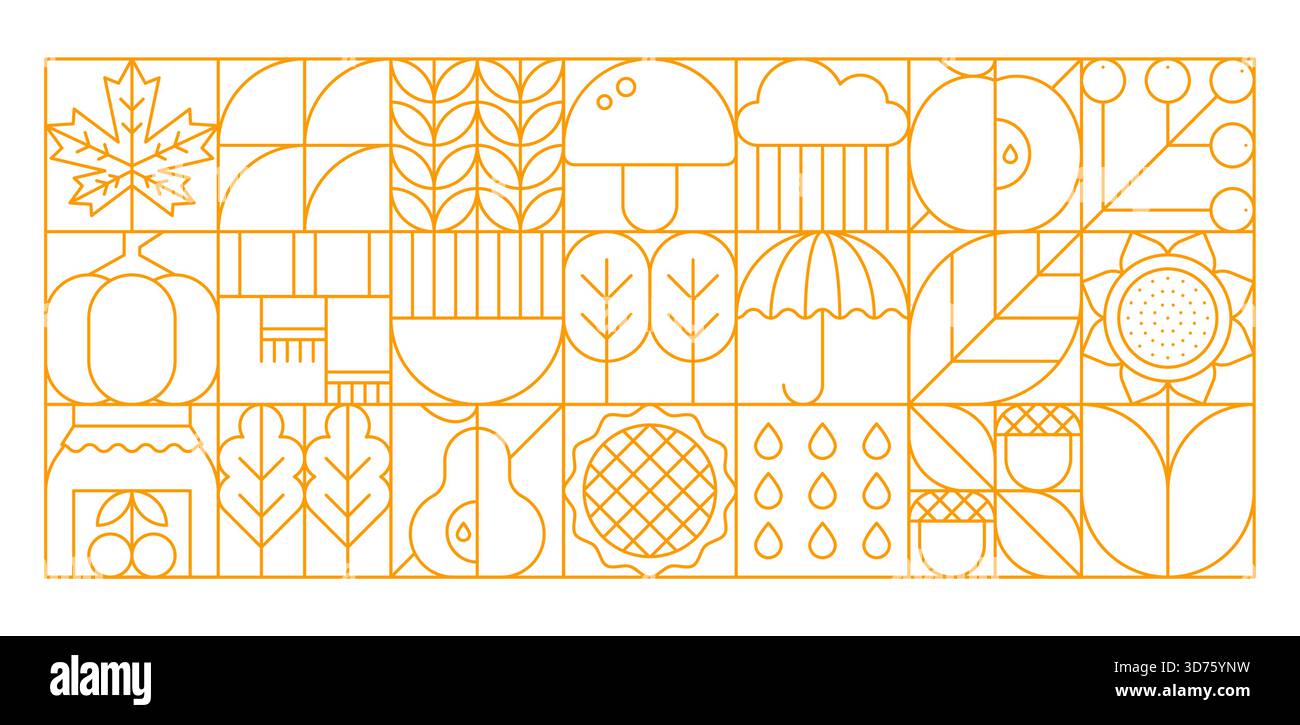 Autumn geometric pattern. Linear icons of leaves, pumpkin, pie, pear ...