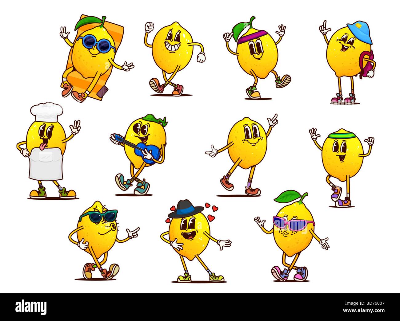 Cartoon groovy lemon fruit characters, vector citrus food. Retro hippie ...