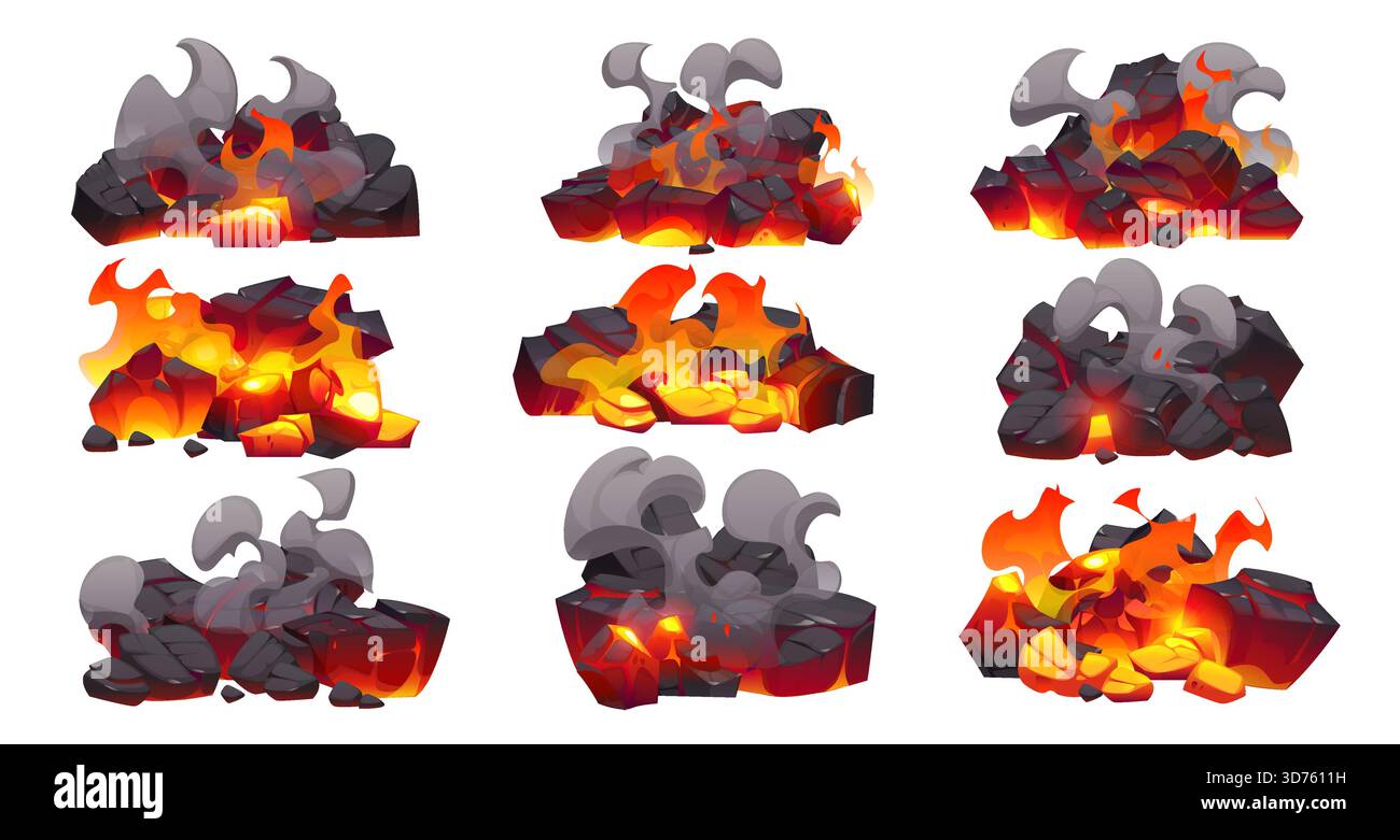 Fire flames on coal, fireplace charcoal, burn ember coal pieces and ash ...