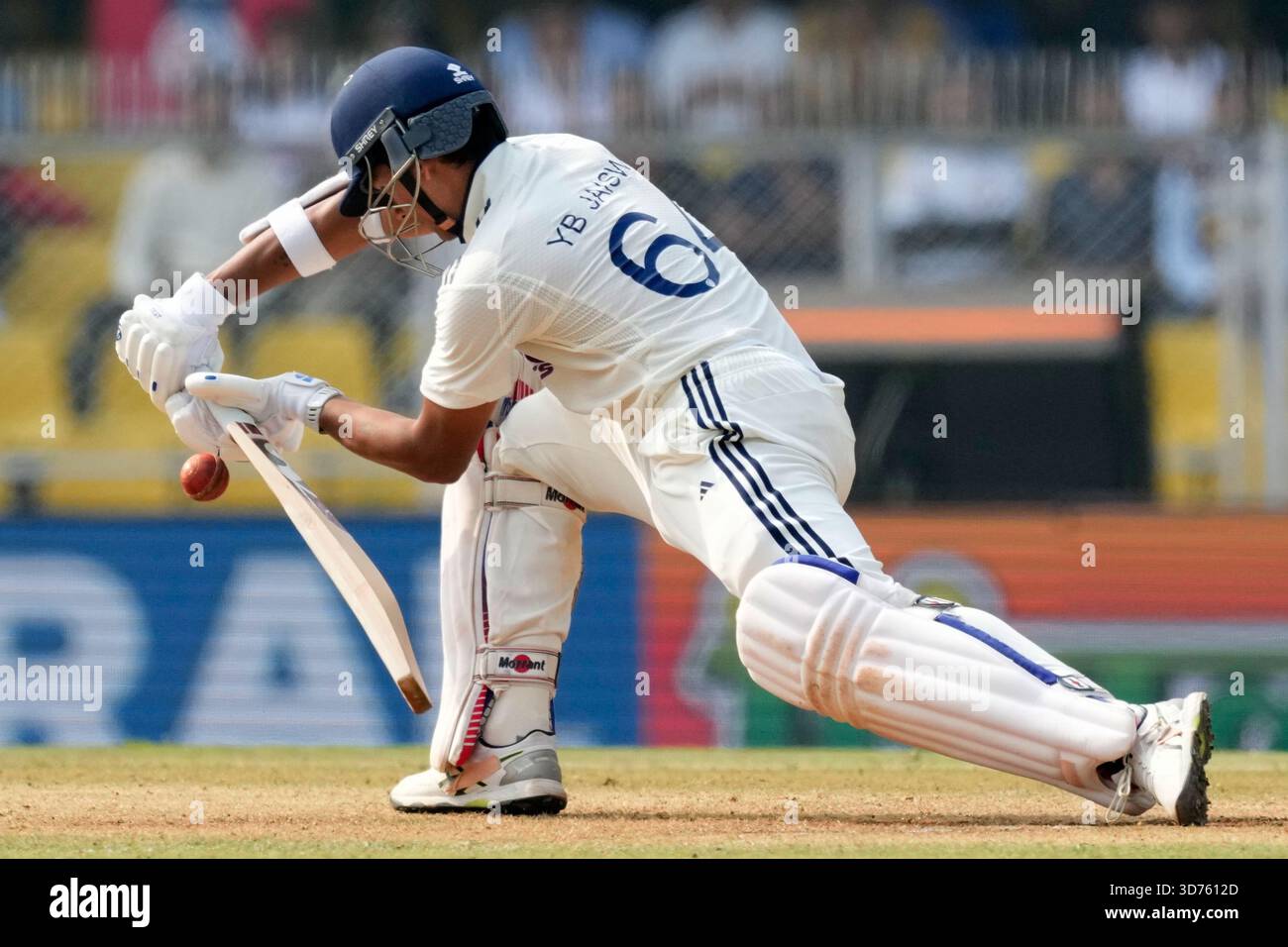 India's Yashasvi Jaiswal plays a shot on the third day of the second ...