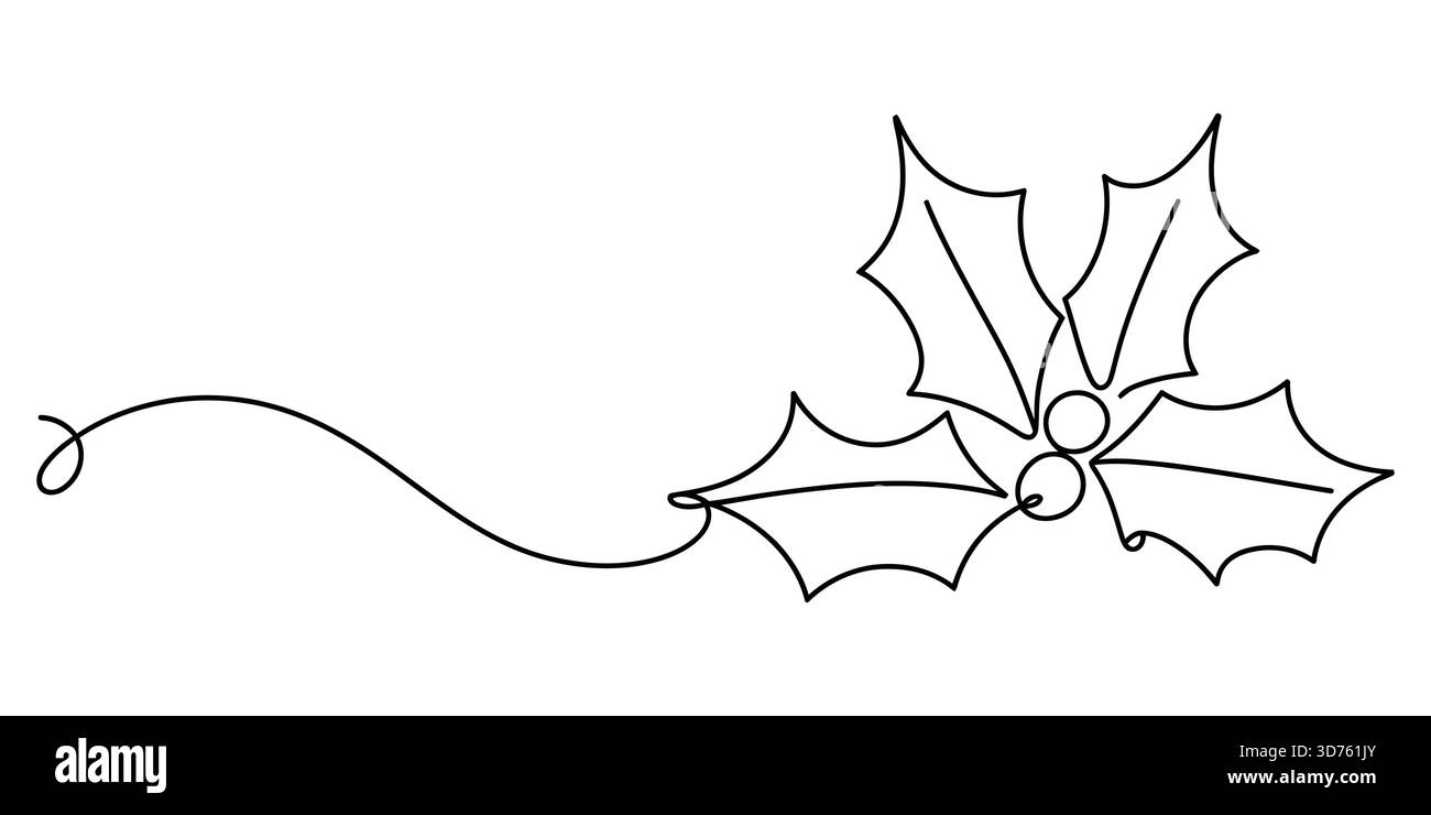 One line drawing of holly leaves and berries, classic winter holiday ...