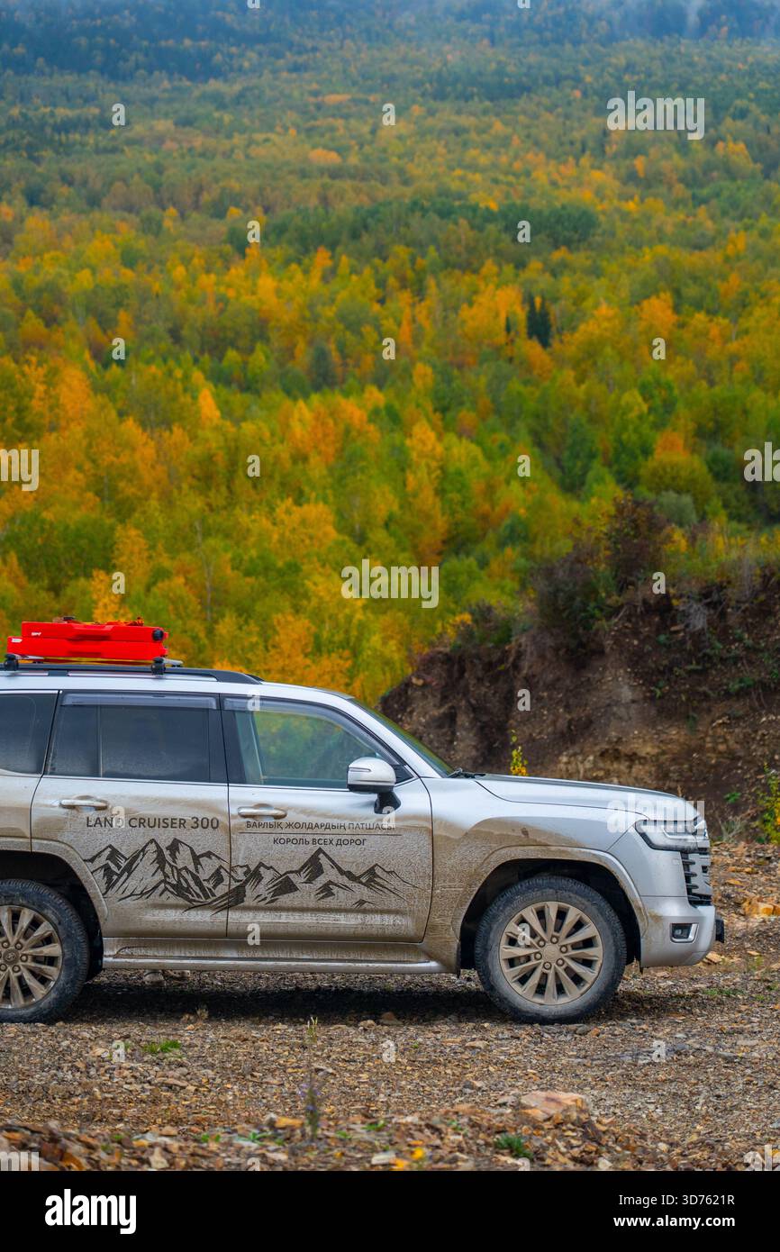 Talas, Kazakhstan - May 13, 2024: A dusty silver Toyota Land Cruiser ...