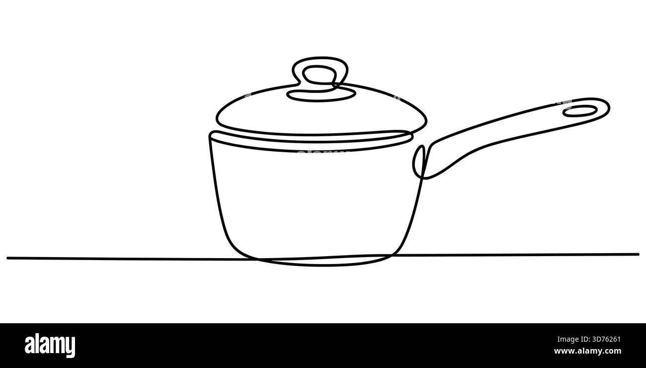 Simple continuous line drawing of a kitchen saucepan with lid and ...