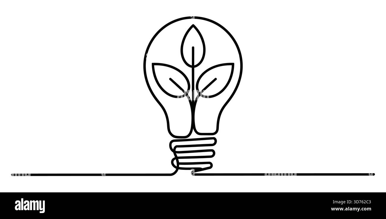 Continuous line drawing of light bulb with plant, green energy concept ...