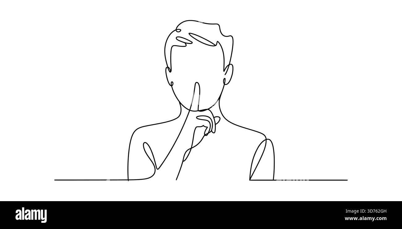 Continuous line art drawing of a person gesturing silence with finger ...
