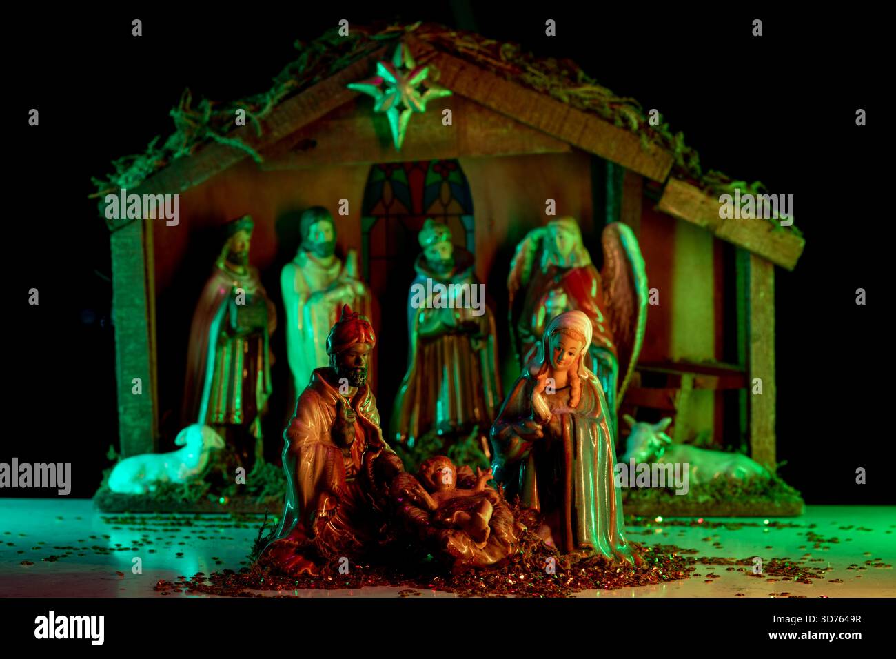 Bethlehem. Christmas manger scene with figurines including Jesus, Mary ...