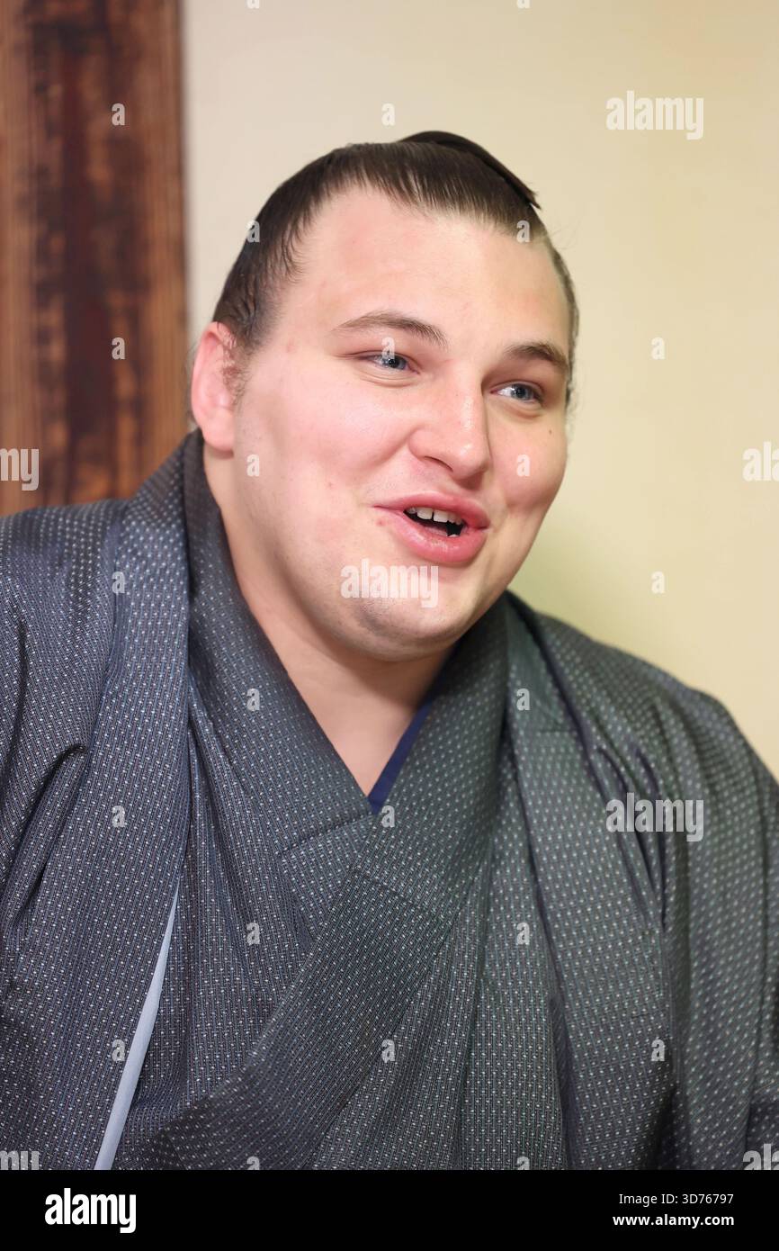Sekiwake ranked Aonishiki of Ukraine speaks to media in Kurume City ...