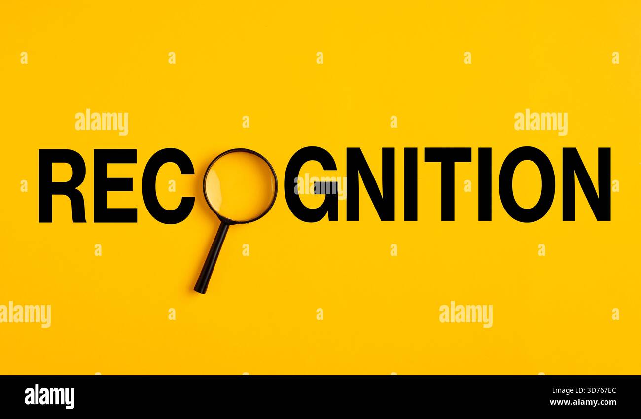 Magnifying glass is exploring recognition word, expressing the concept ...