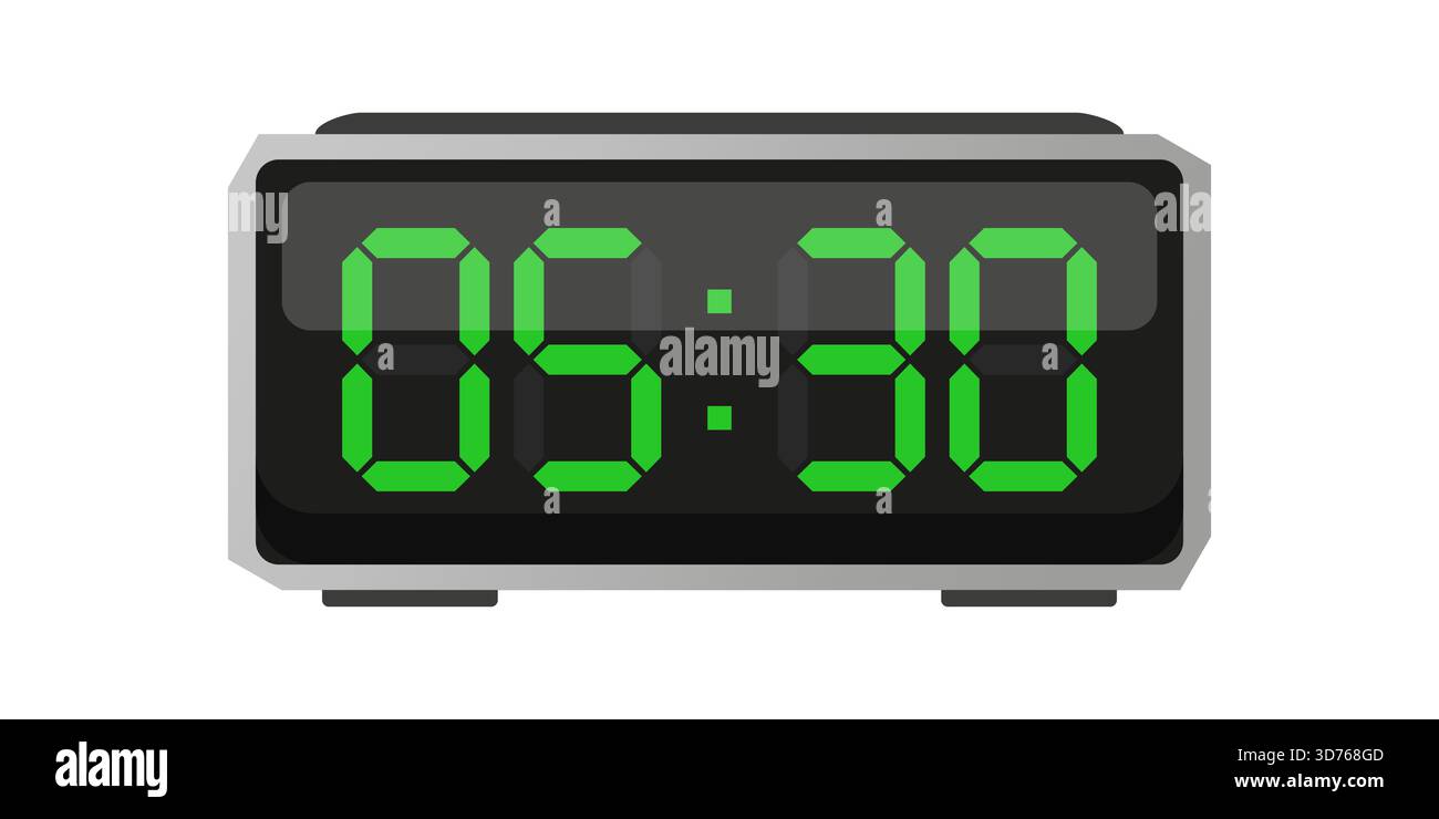 Digital alarm clock. Five thirty shown. Time 05 30. Green numbers ...