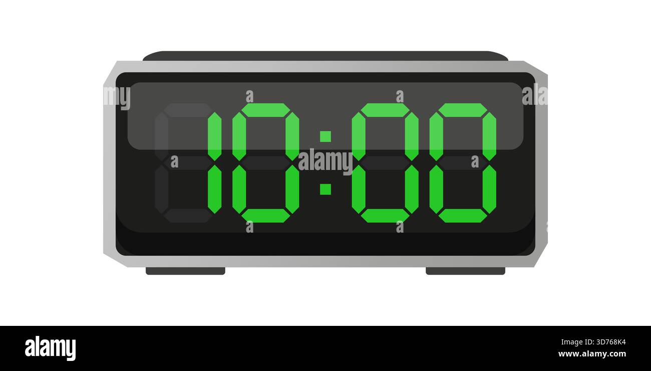 Digital alarm clock. Number ten displayed. Time 10 00. Green numbers ...