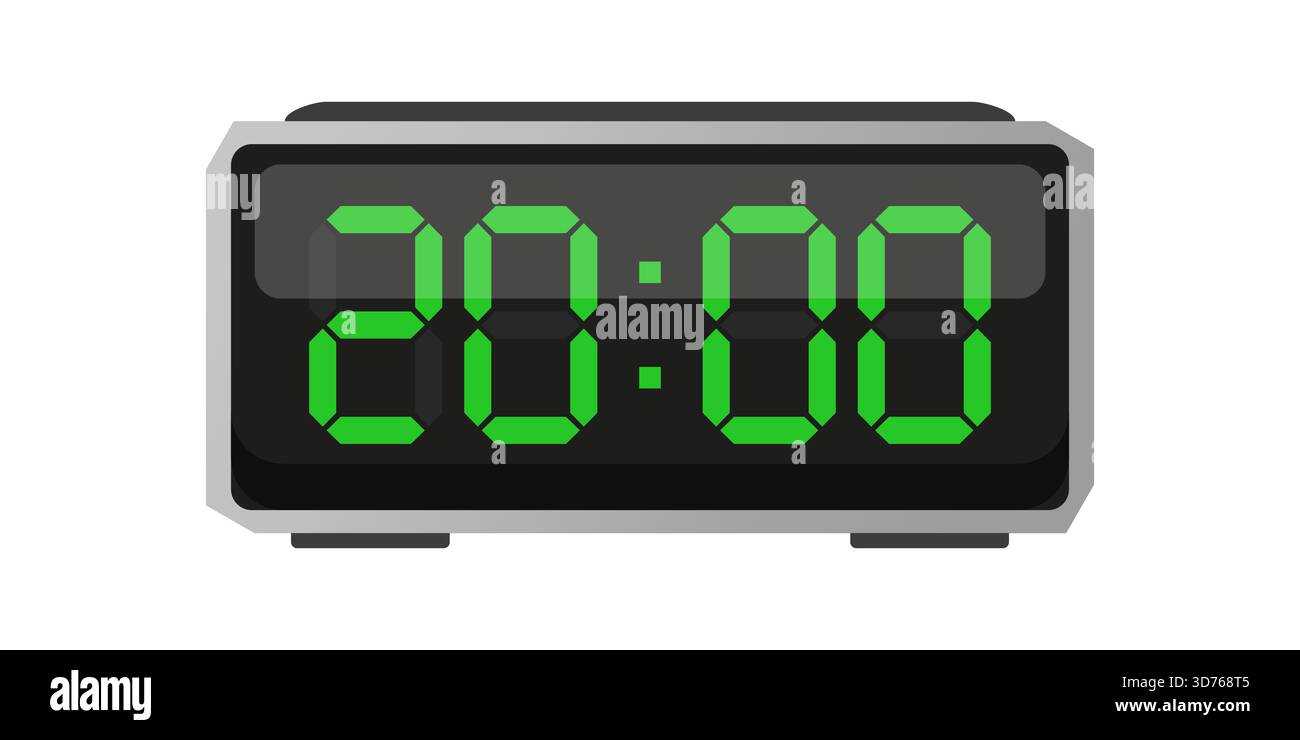 Digital alarm clock. Twenty hours time. Time 20 00. Green numbers ...