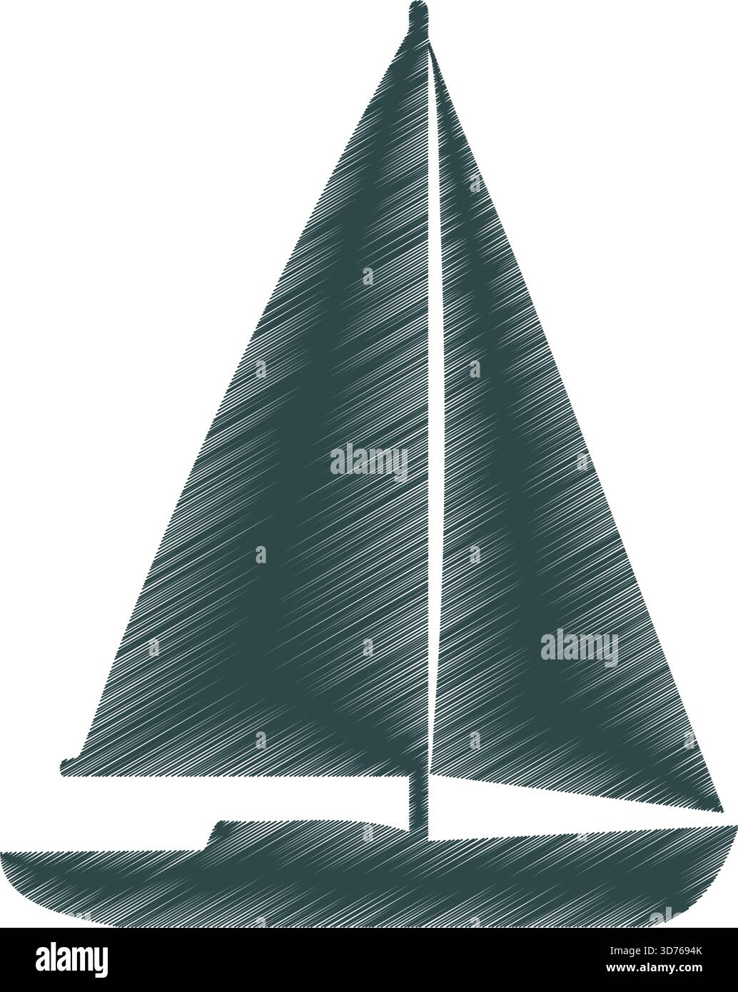 A minimalist sailboat with a tall triangular mainsail and slim hull ...