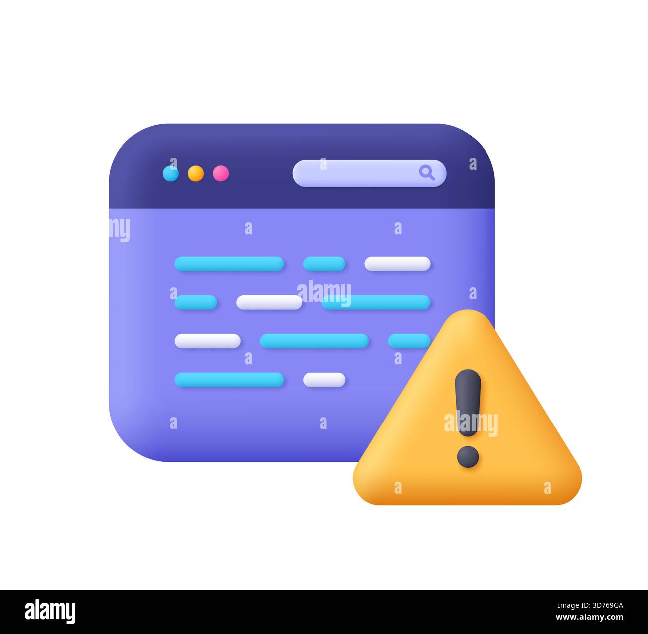 Purple web browser window with code lines and a yellow warning triangle ...
