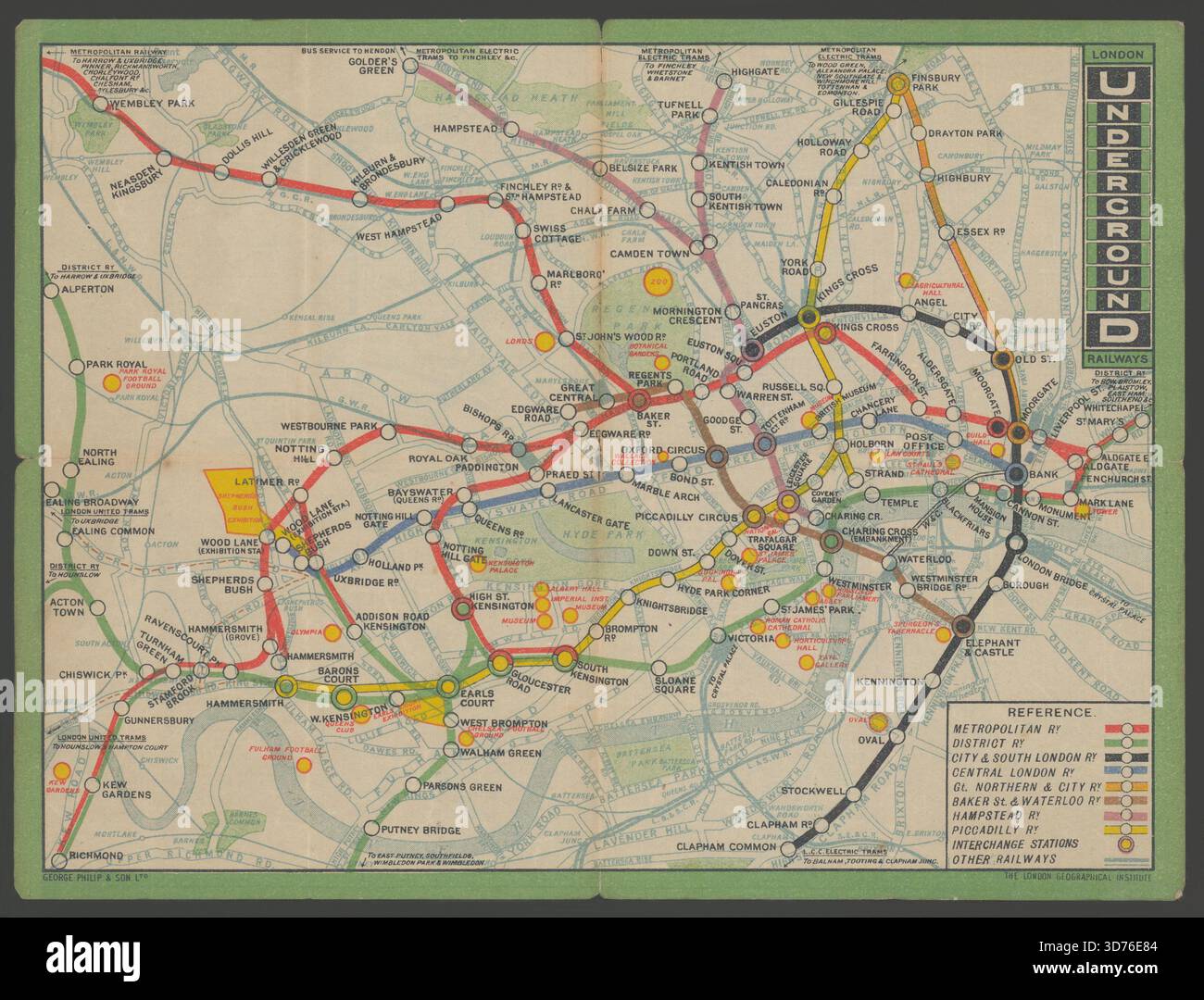 London UndergrounD Railways Map by George Philip. Sports Stadia ...