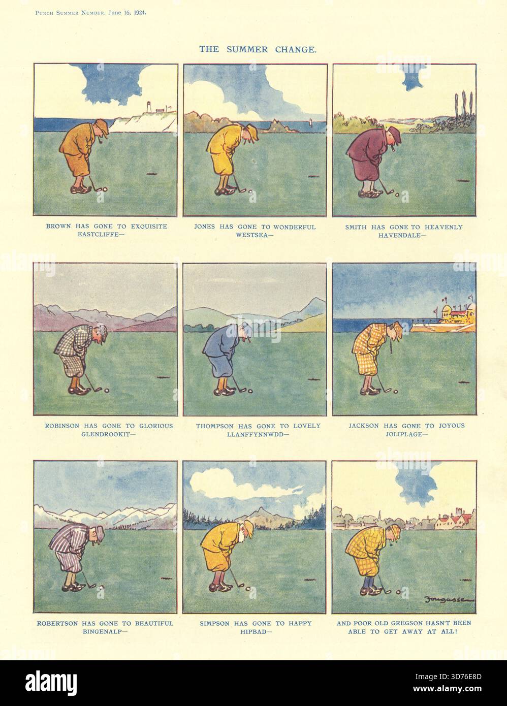 Cartoon by Fougasse satirising the sameness of golfing holidays 1924 ...