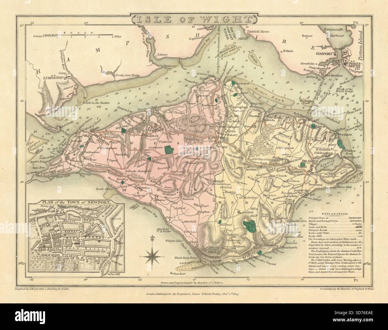 Antique hand-coloured Isle of Wight map & Newport town plan by Cole ...