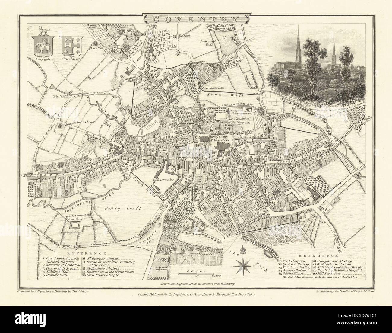 Antique engraved town city plan of Coventry by George Cole & John Roper ...