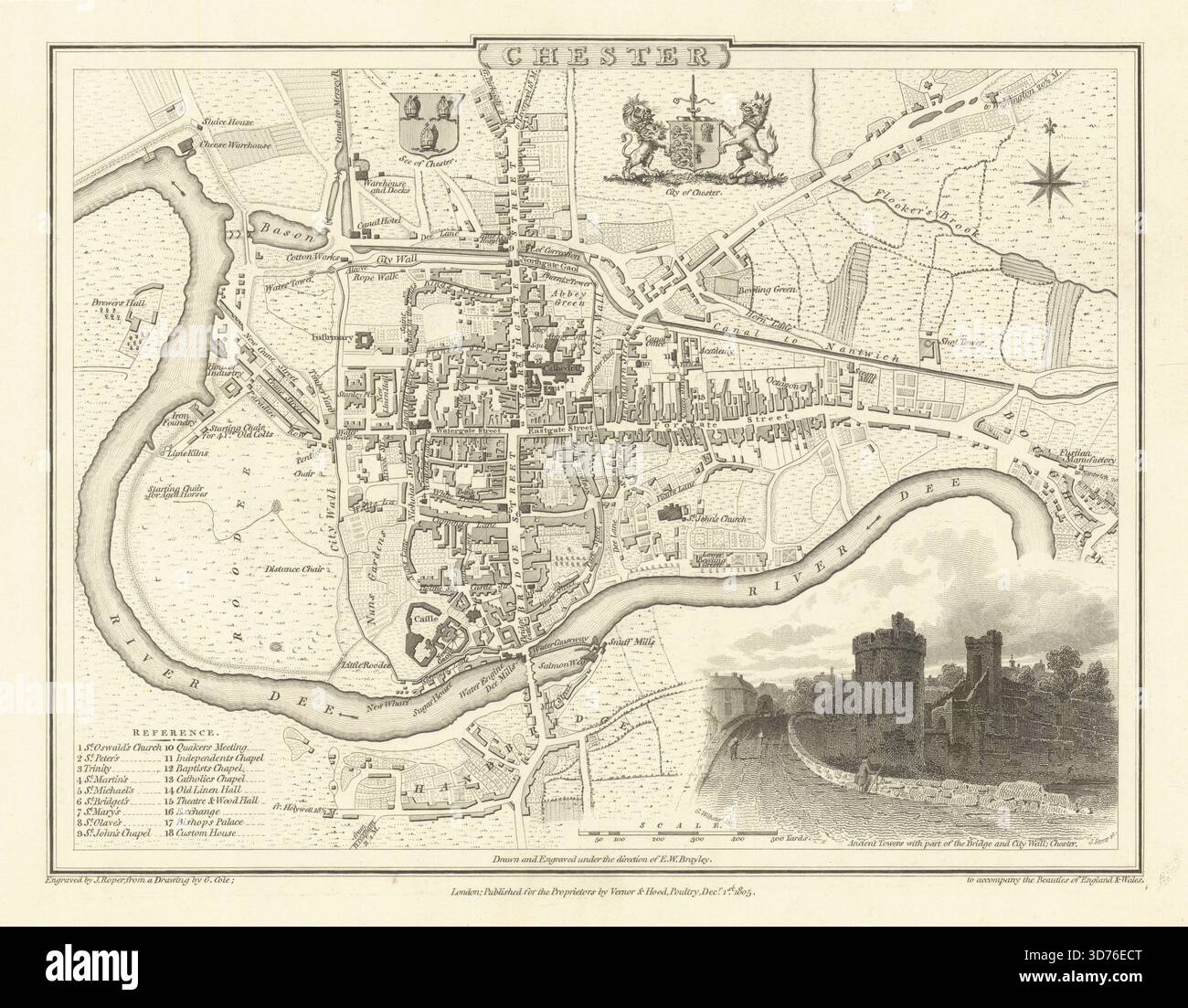 Antique town city plan of Chester by George Cole & John Roper. Cheshire ...