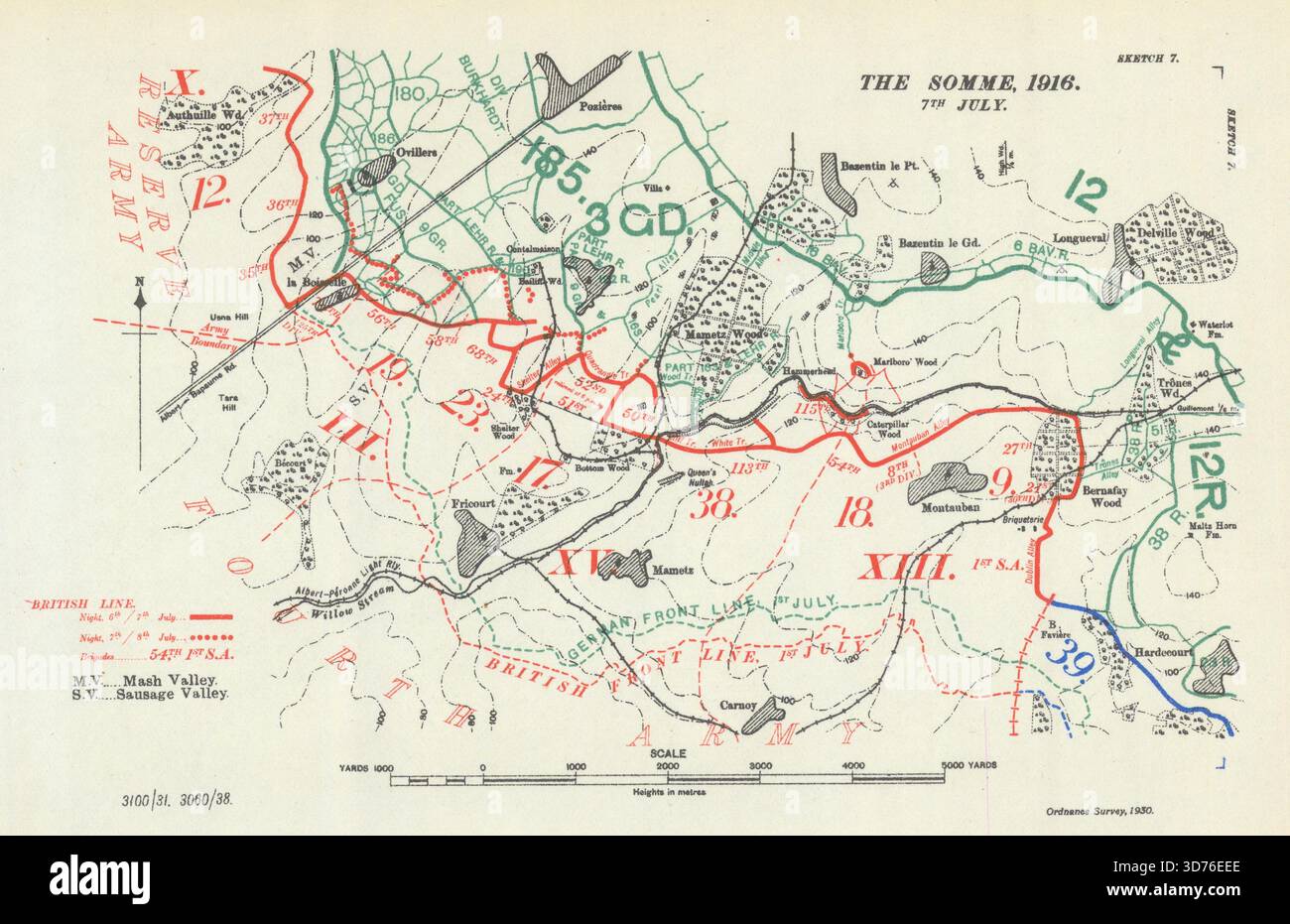 Battle of the Somme. 7 July 1916. First World War 1938 old vintage map ...