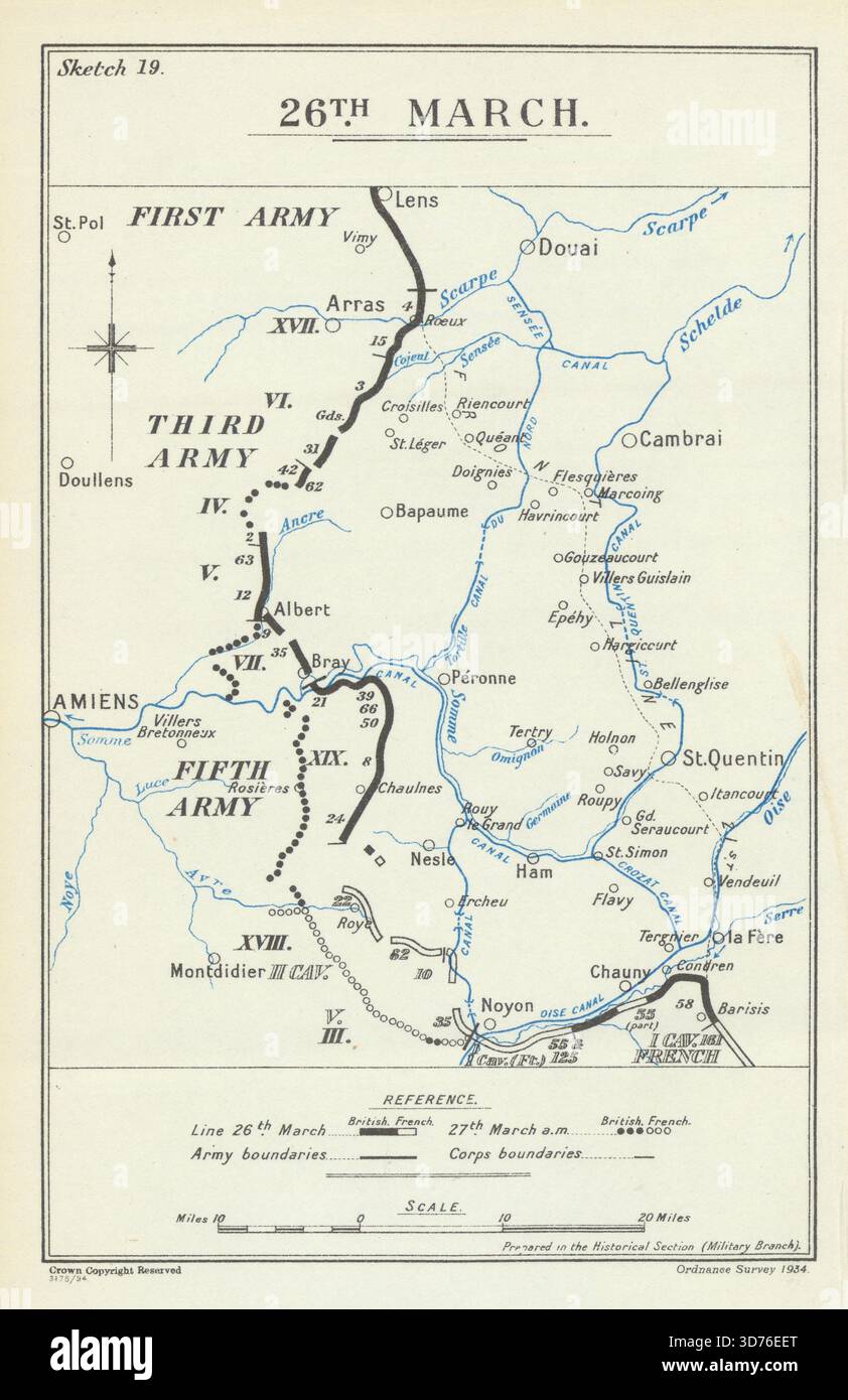 Operation Michael. 26 March 1918. First World War 1935 old vintage map ...