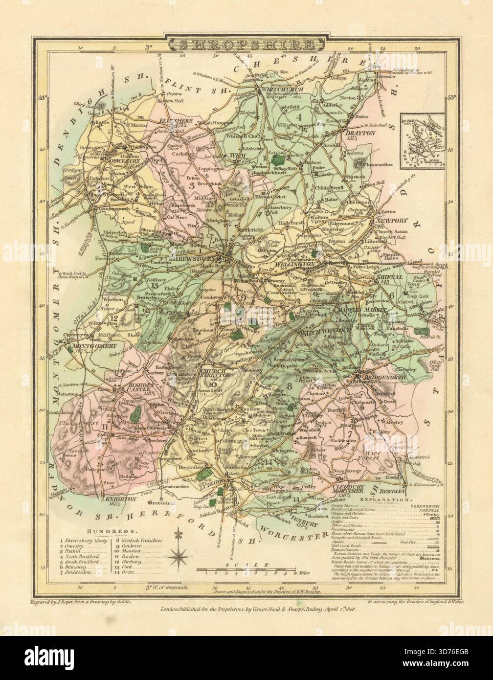 Antique hand-coloured Shropshire county map by George Cole & John Roper ...