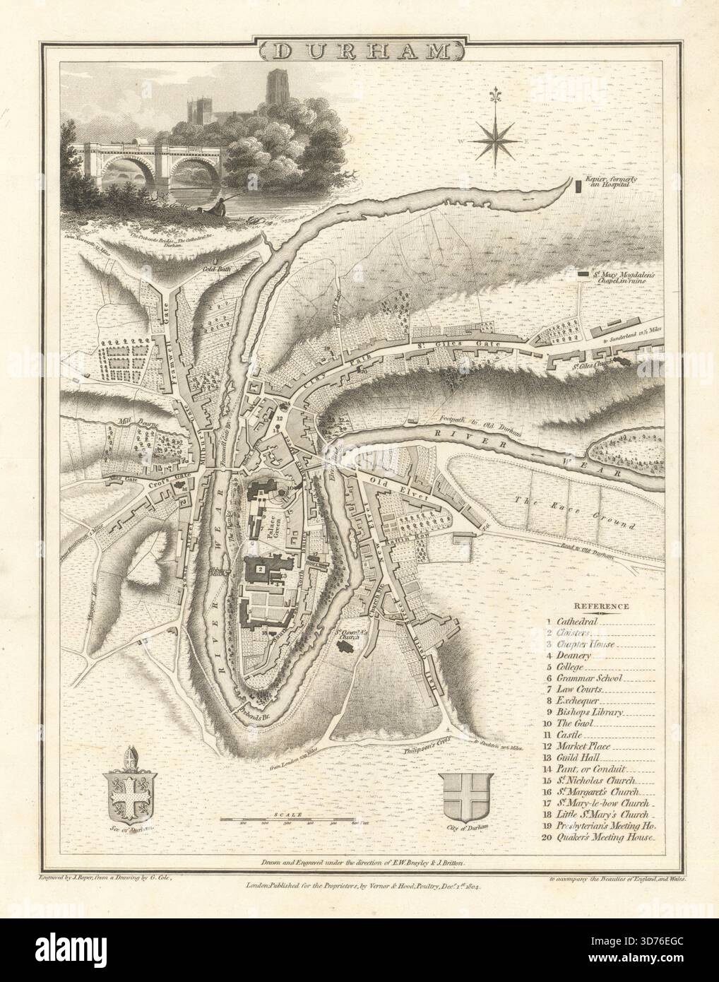 Antique town / city plan of Durham by George Cole & John Roper. Durham ...