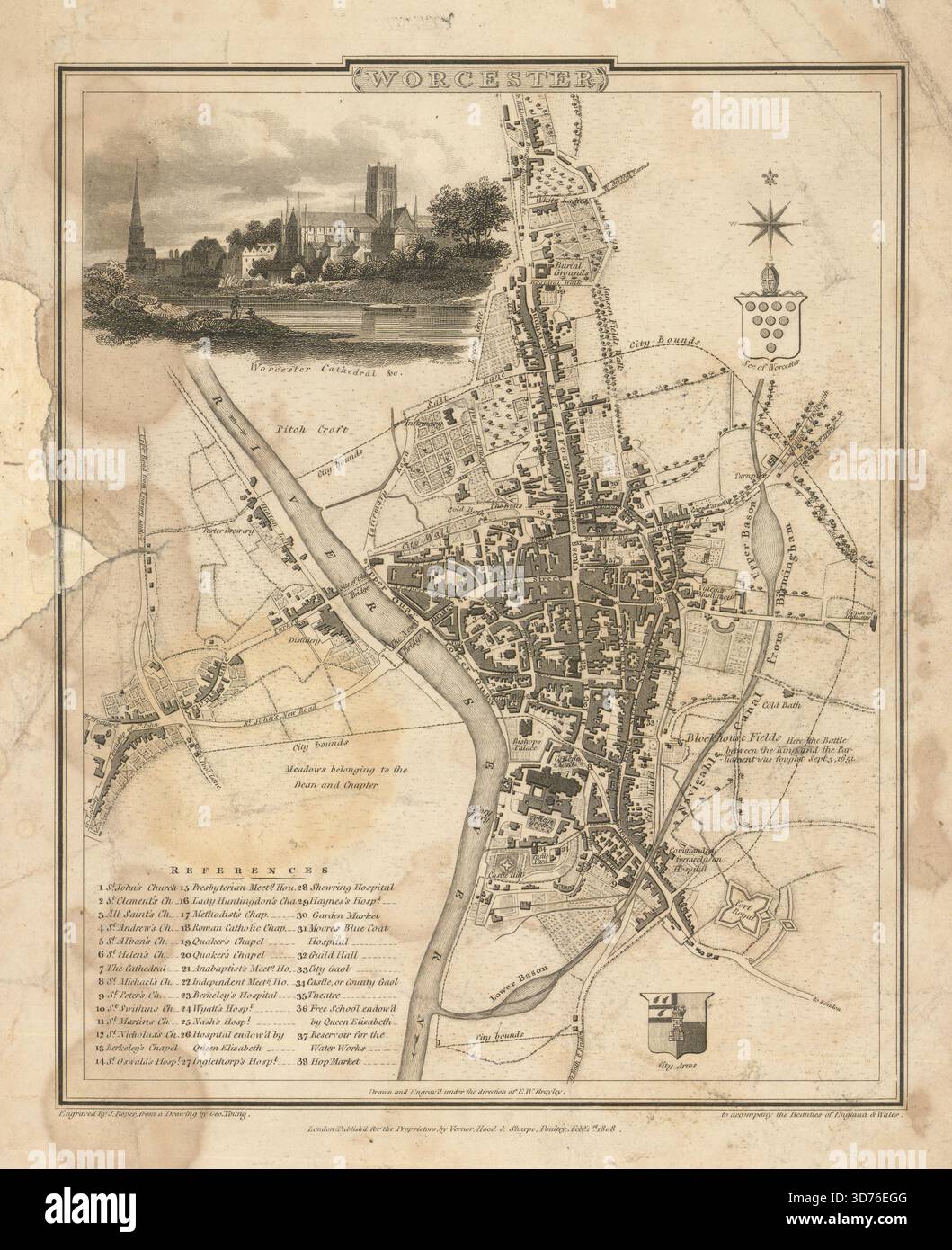 Antique engraved Worcester town city plan by George Cole & John Roper ...